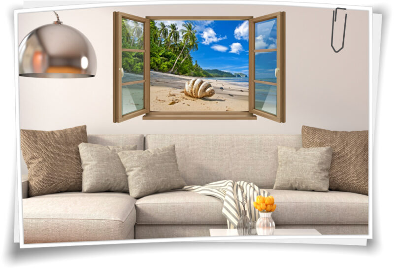 Wand-Tattoo Wand-Bild Fenster Strand Muschel Sand Meer Ozean Palmen ...